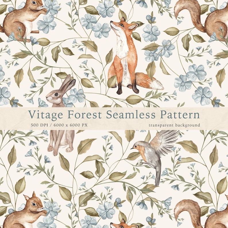 Blue Floral Woodland Animals Seamless Pattern (digital Download PNG) - Etsy