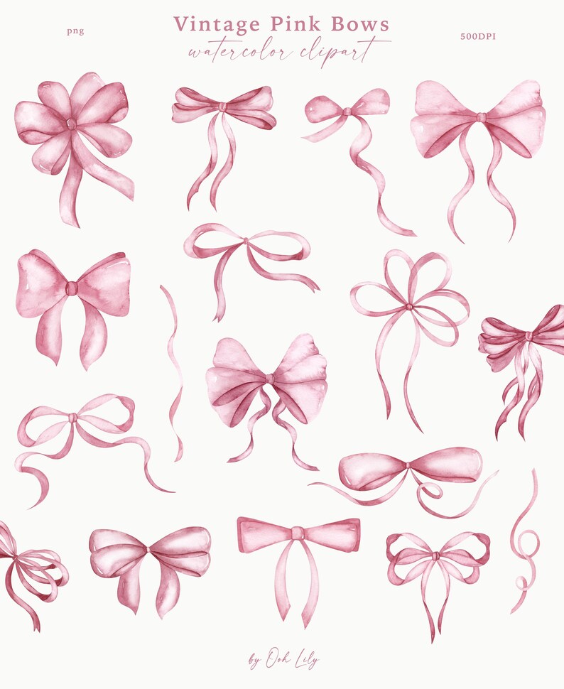 Vintage Pink Bows Clipart Watercolor Bows and Ribbons Collection Cute ...