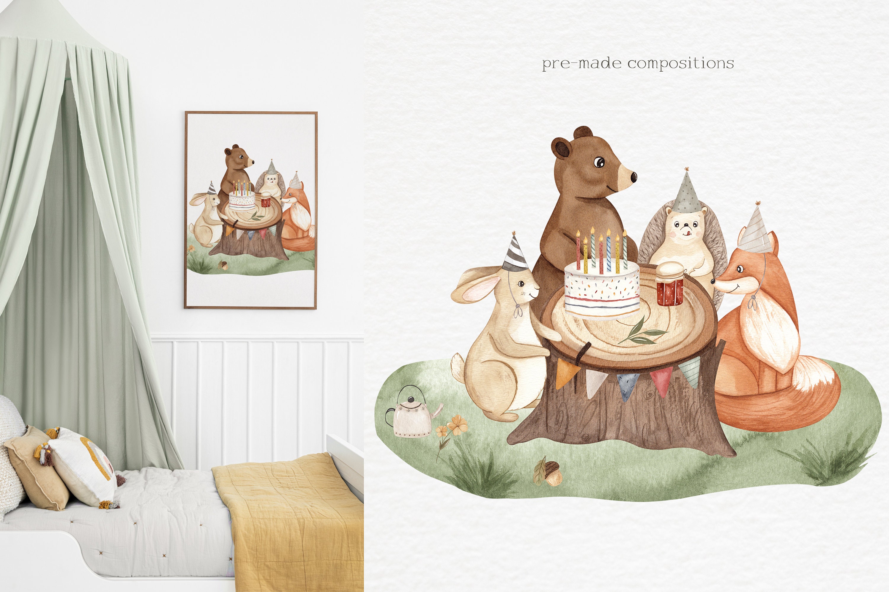 Happy Birthday Forest Animal Clipart, Watercolor Woodland, Kids Bear ...