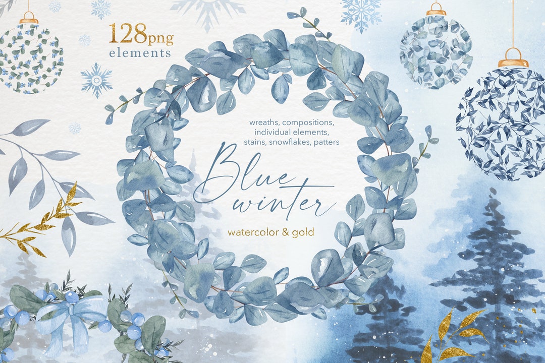 Watercolor Winter Clipart: Gold, Blue, Floral Wreaths Bundle (PNG ...