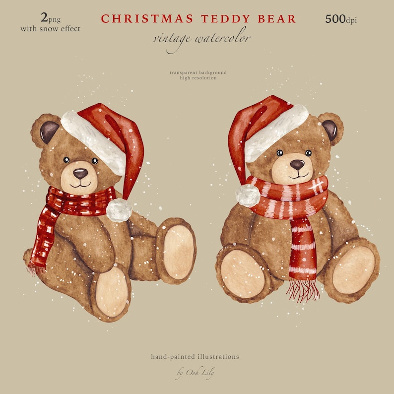 Christmas Teddy Bear Watercolor Clipart: Festive Holiday Illustration ...