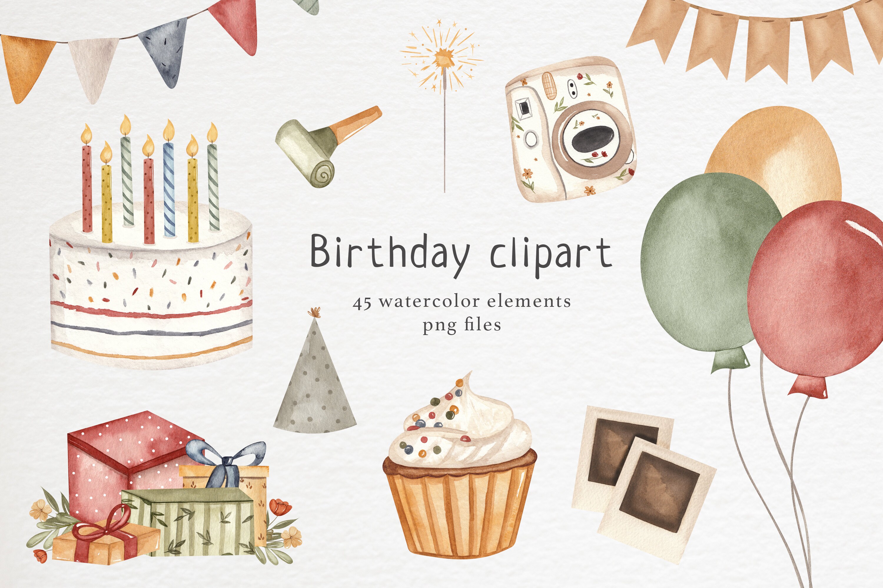 Watercolor Birthday Clipart Baby Shower Flags Clip Art Balloons Gift ...