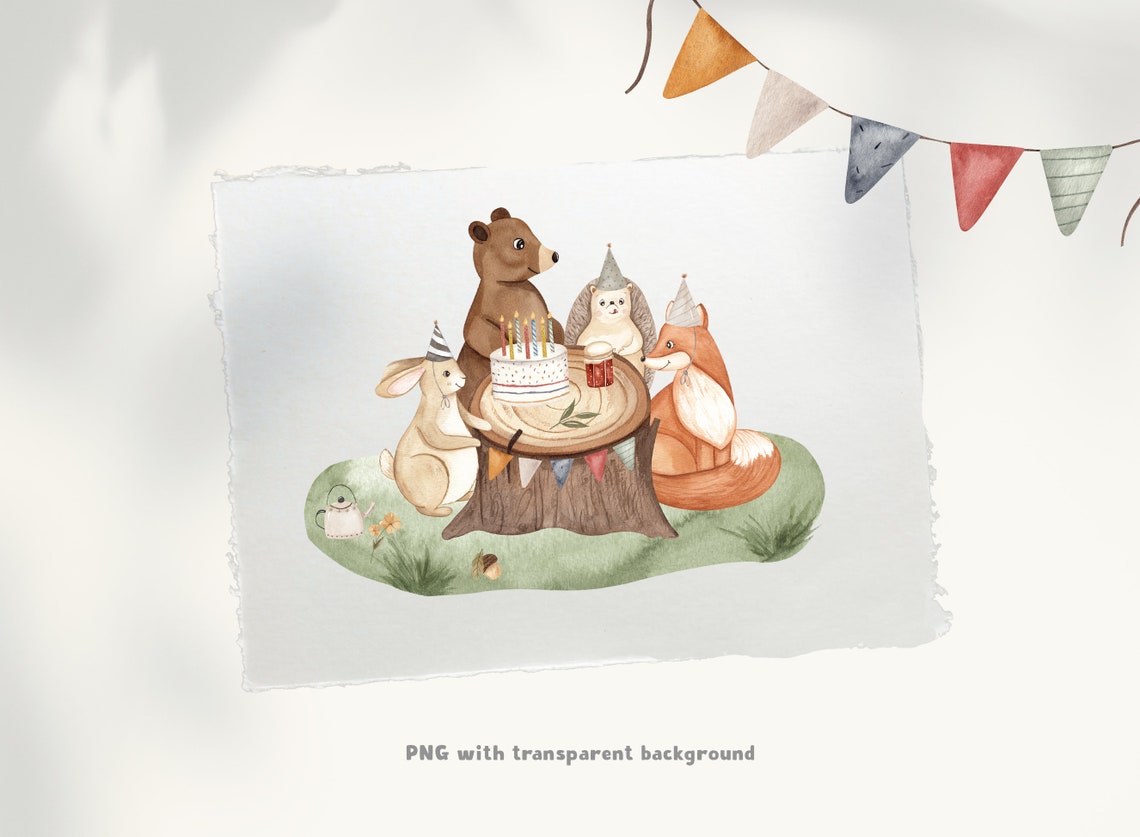Woodland Animals Clipart, Watercolor Cute Animals, Baby Birthday Party ...