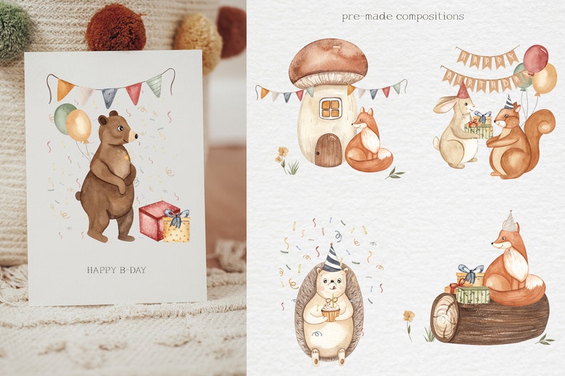 Forest Animals Clipart Watercolor Birthday Woodland Kids Cute Clip Art ...