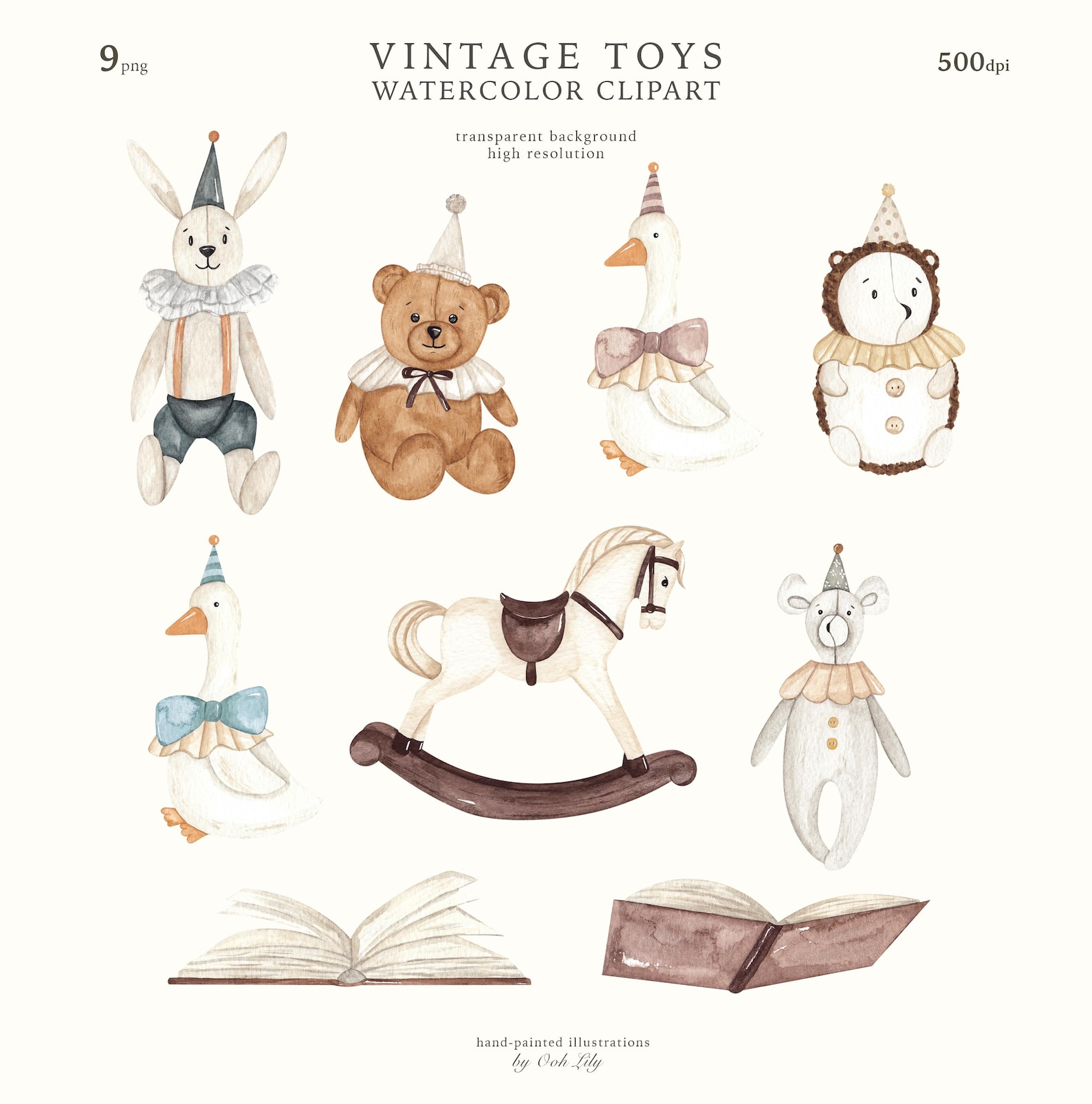 Watercolor Vintage Toys Clipart, Nursery Decor (PNG Digital Download ...