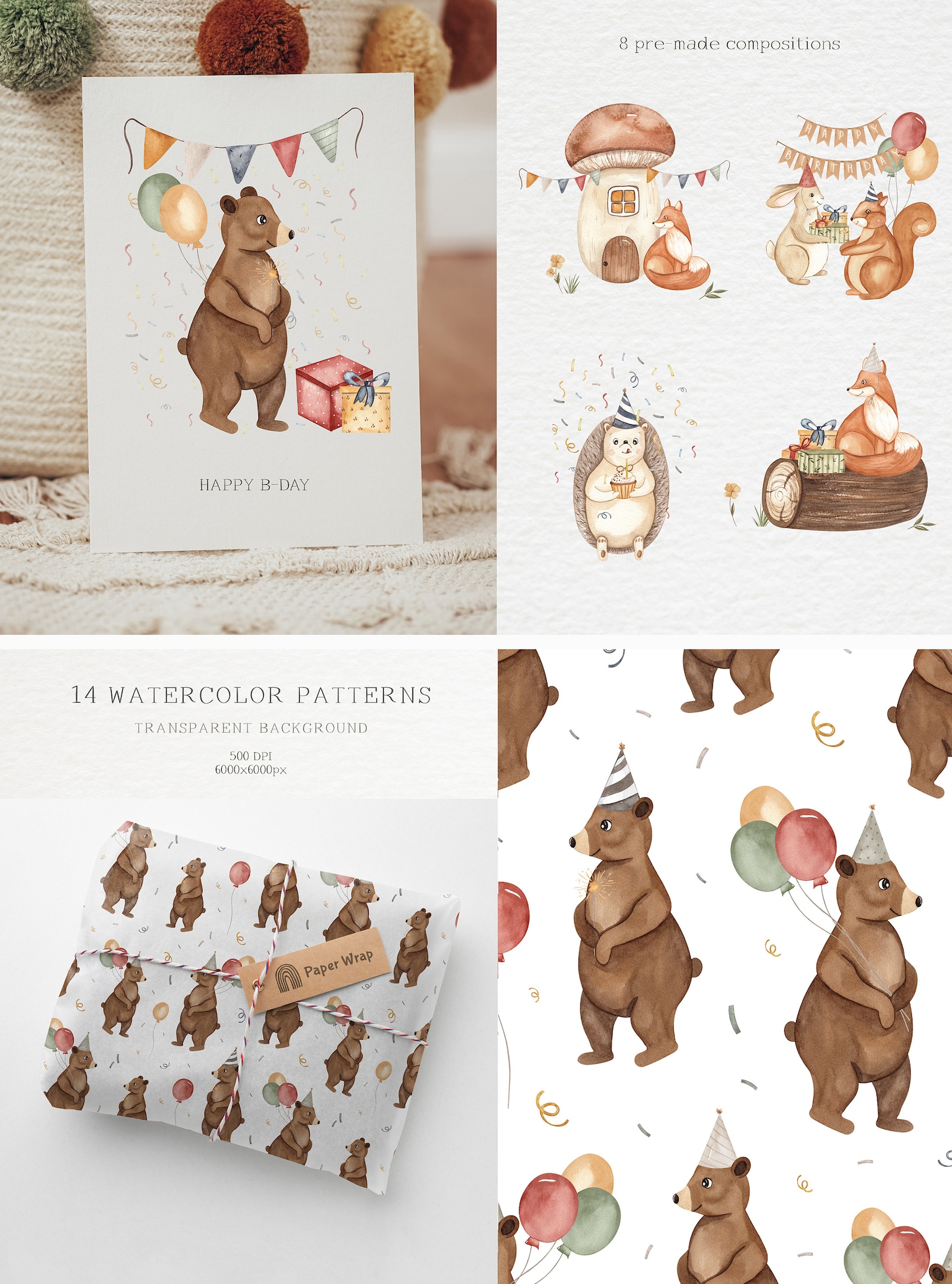 Woodland Animals Clipart Watercolor Cute Bear Hare Fox Hedgehog ...