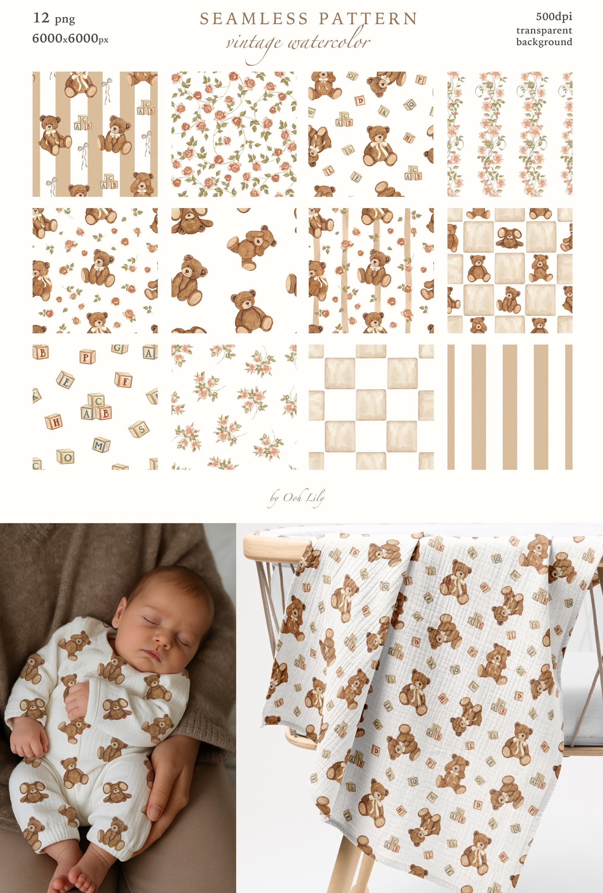 Watercolor Teddy Bear Clipart, Nursery Toy Alphabet, Vintage Seamless ...