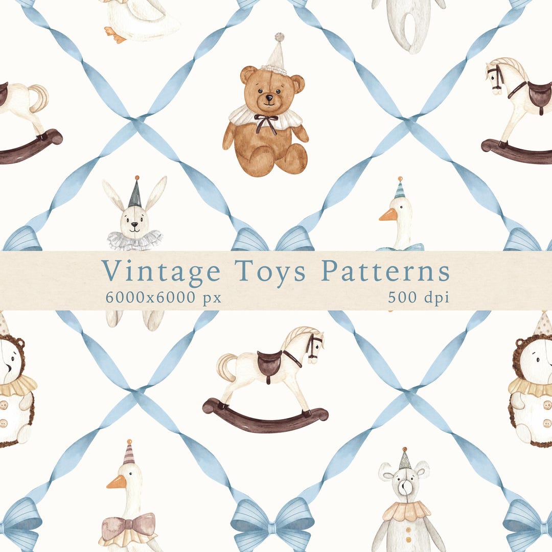 Watercolor Vintage Toys Pattern, Blue Bows Seamless Pattern, Cute ...