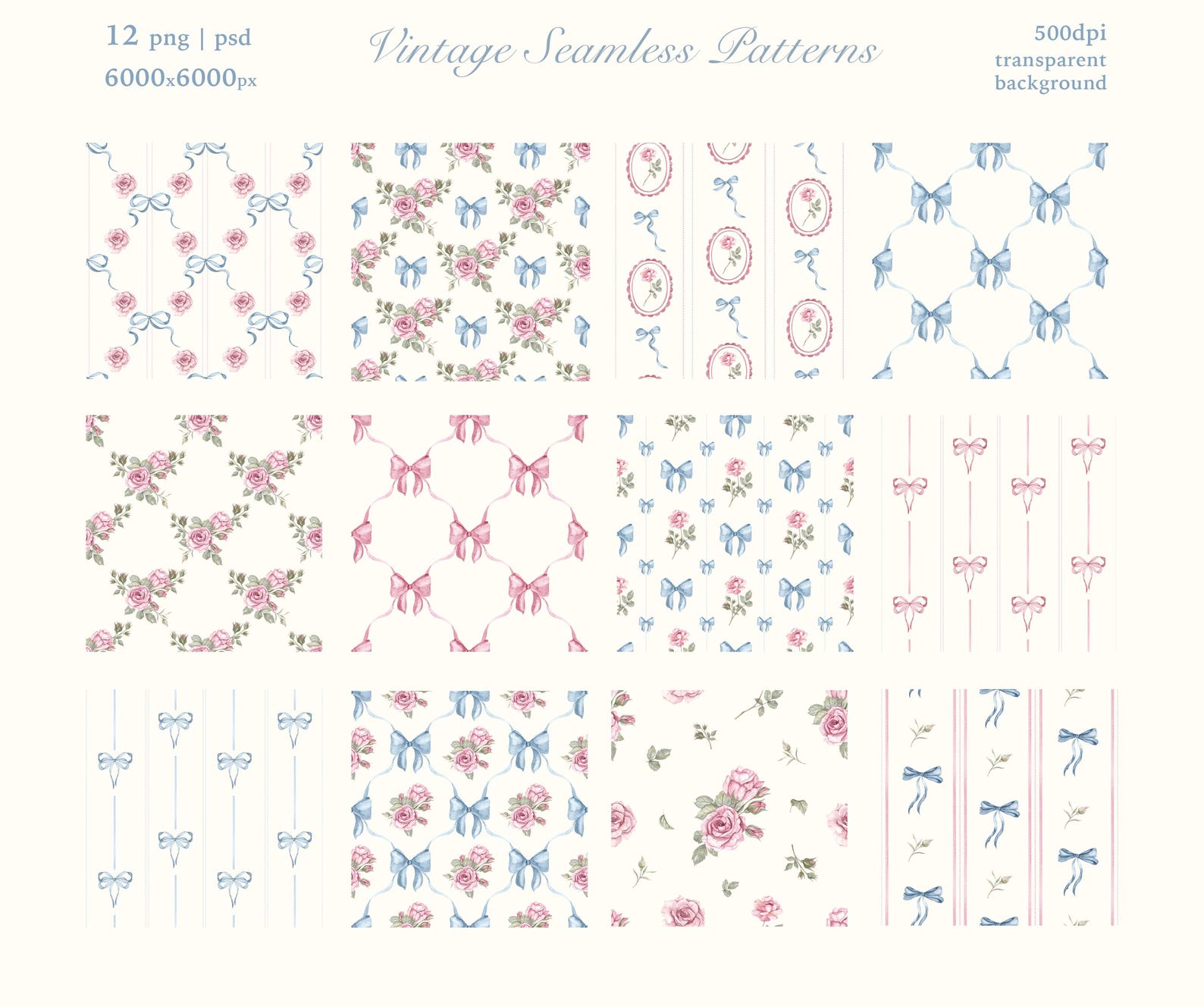 Watercolor Coquette Floral Seamless Pattern, Vintage Bows and Roses ...