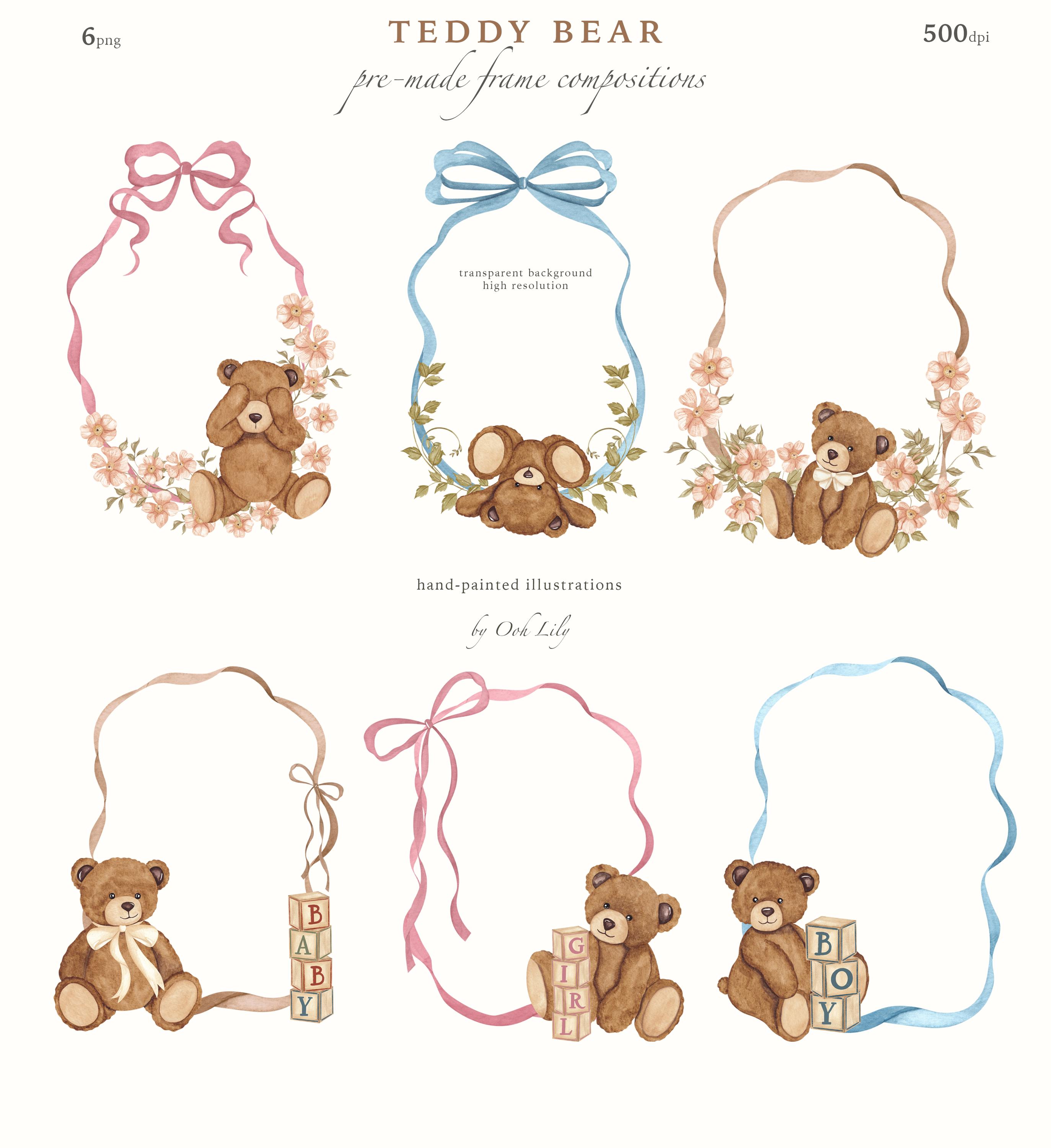 Watercolor Teddy Bear Frame Clipart: Bow Frames, Baby Shower PNG ...