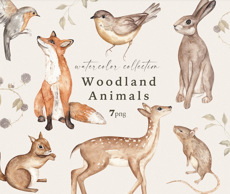Woodland Animals Clipart Vintage Watercolor Deer Fox Squirrel Bunny ...