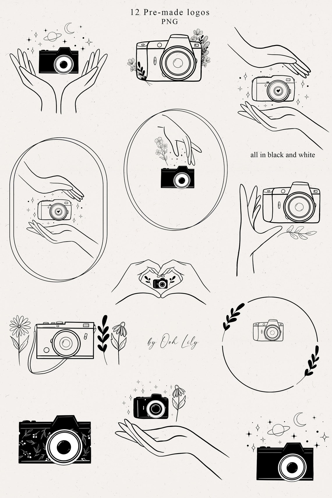 Camera Premade Logo Line Art Clipart Photography Logo Hand Flora Magic ...