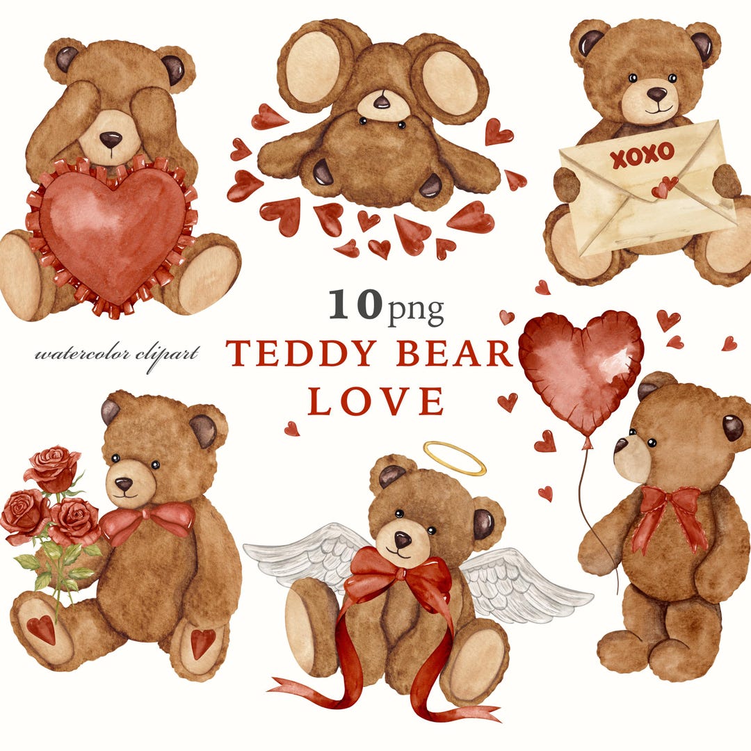 Whimsical Teddy Bear Love Watercolor Clipart: Romantic Vintage ...