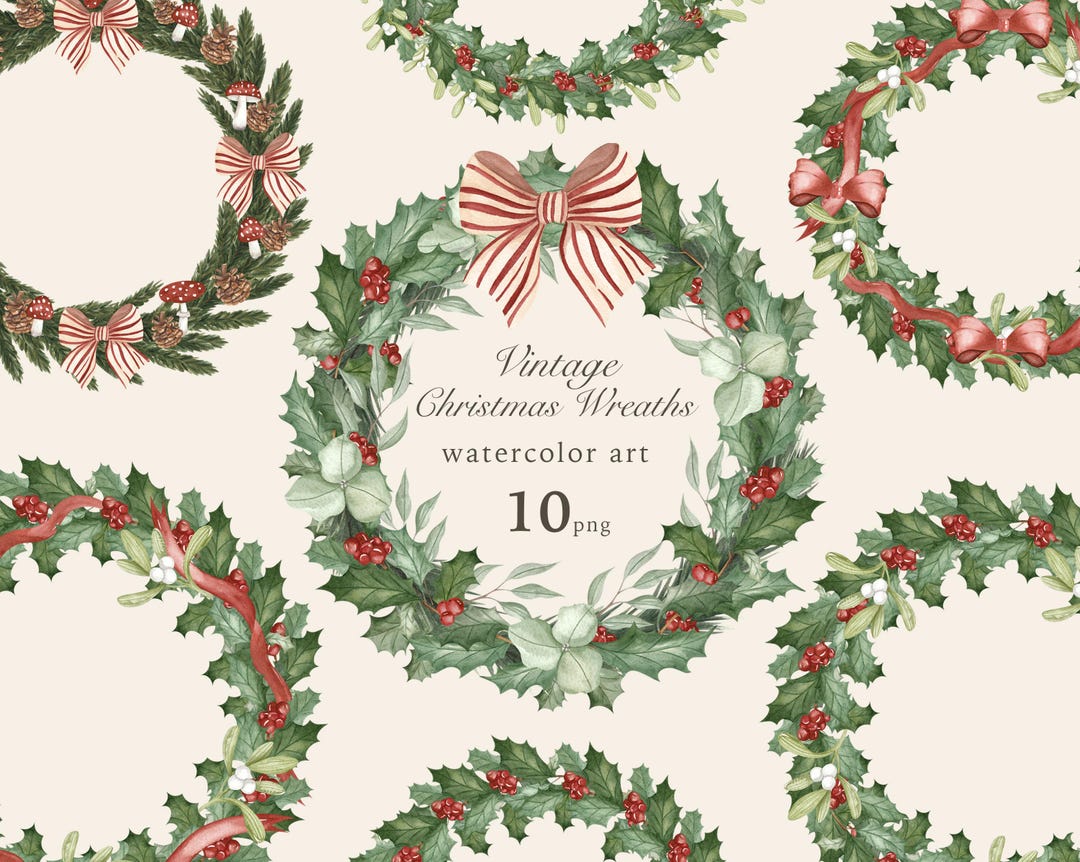 Watercolor Christmas Wreaths Clipart: Vintage Floral Frames (PNG) - Etsy