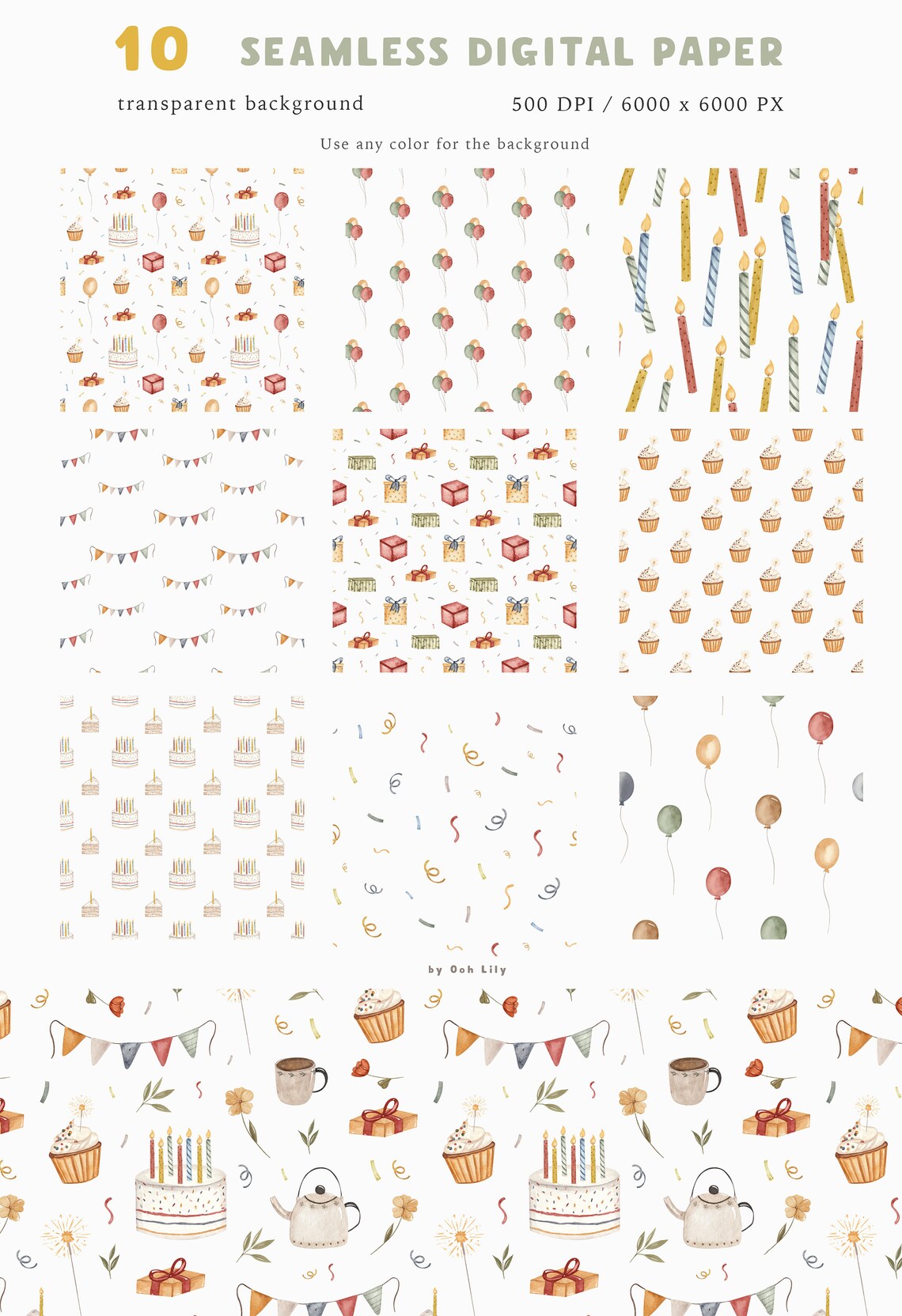 Watercolor Birthday Digital Paper Set: Seamless Party Clipart (digital ...