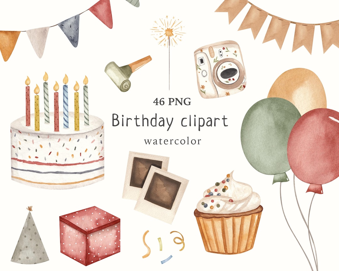 Watercolor Birthday Party Clipart Set: Cake, Balloons & Decorations ...