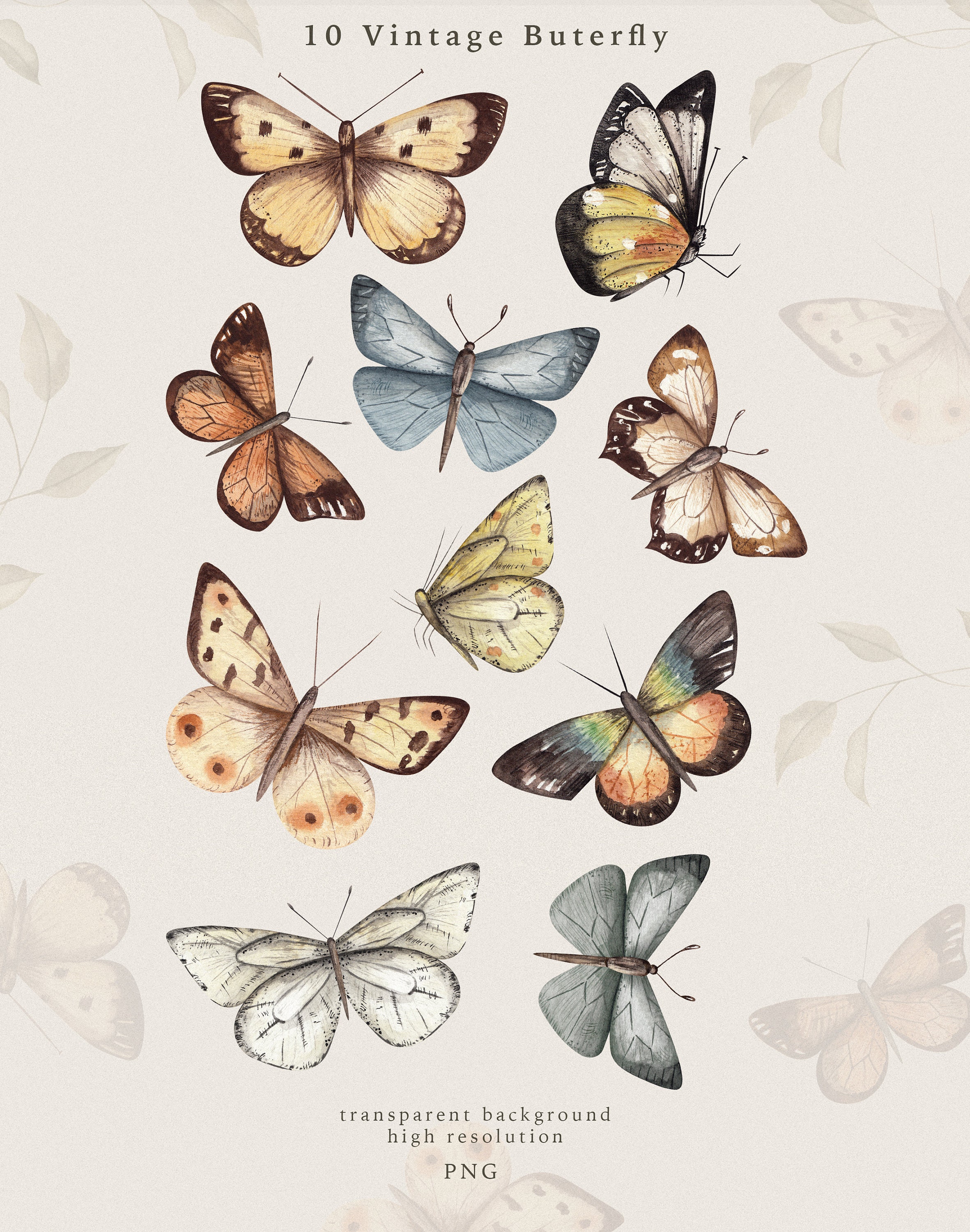 Watercolor Butterfly Clipart Set: Vintage Garden Insects (500 DPI PNG ...