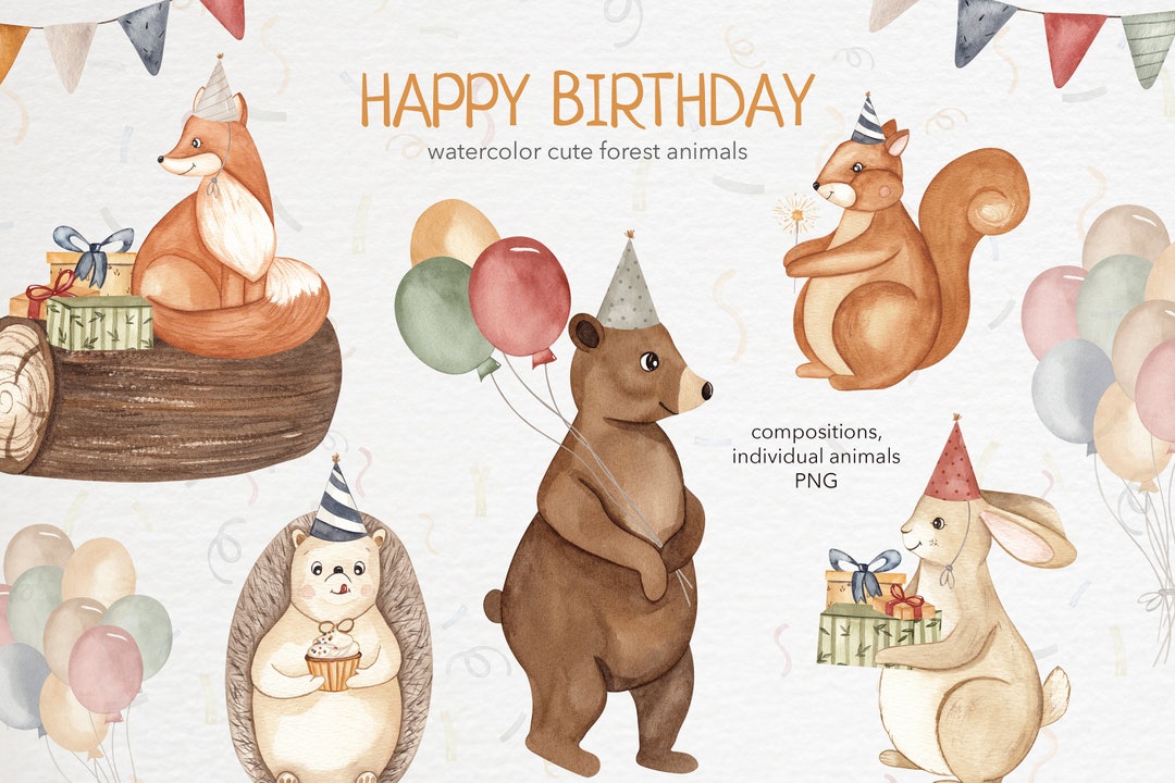 Forest Animals Clipart Watercolor Birthday Woodland Kids Cute Clip Art ...