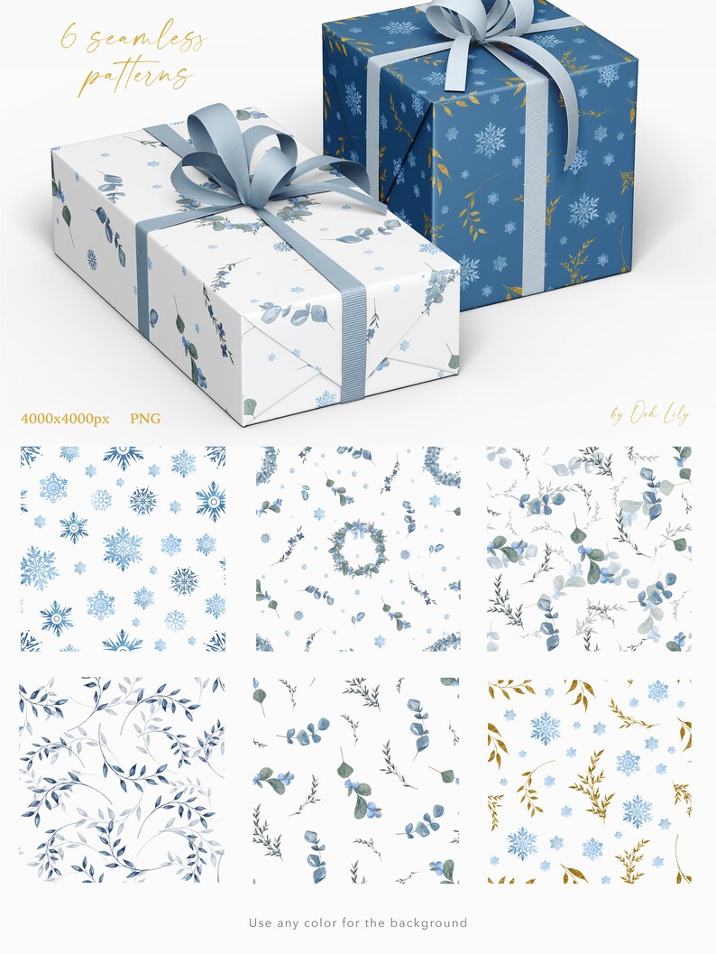 Winter Digital Paper Clipart, Watercolor Gold Blue Christmas, Floral ...