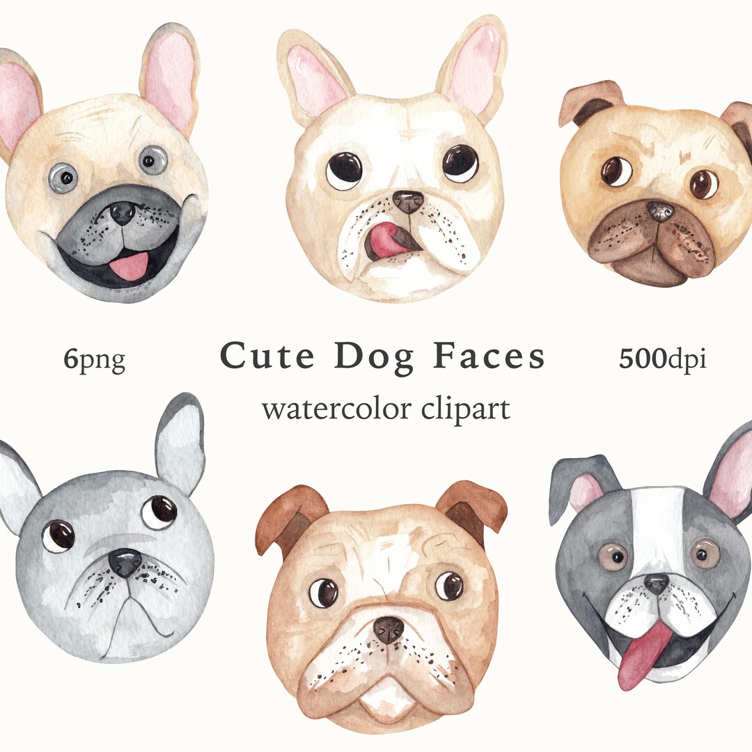 Cute Dog Faces Clipart, Watercolor Pug Dogs, Hand Painted Puppy Face ...