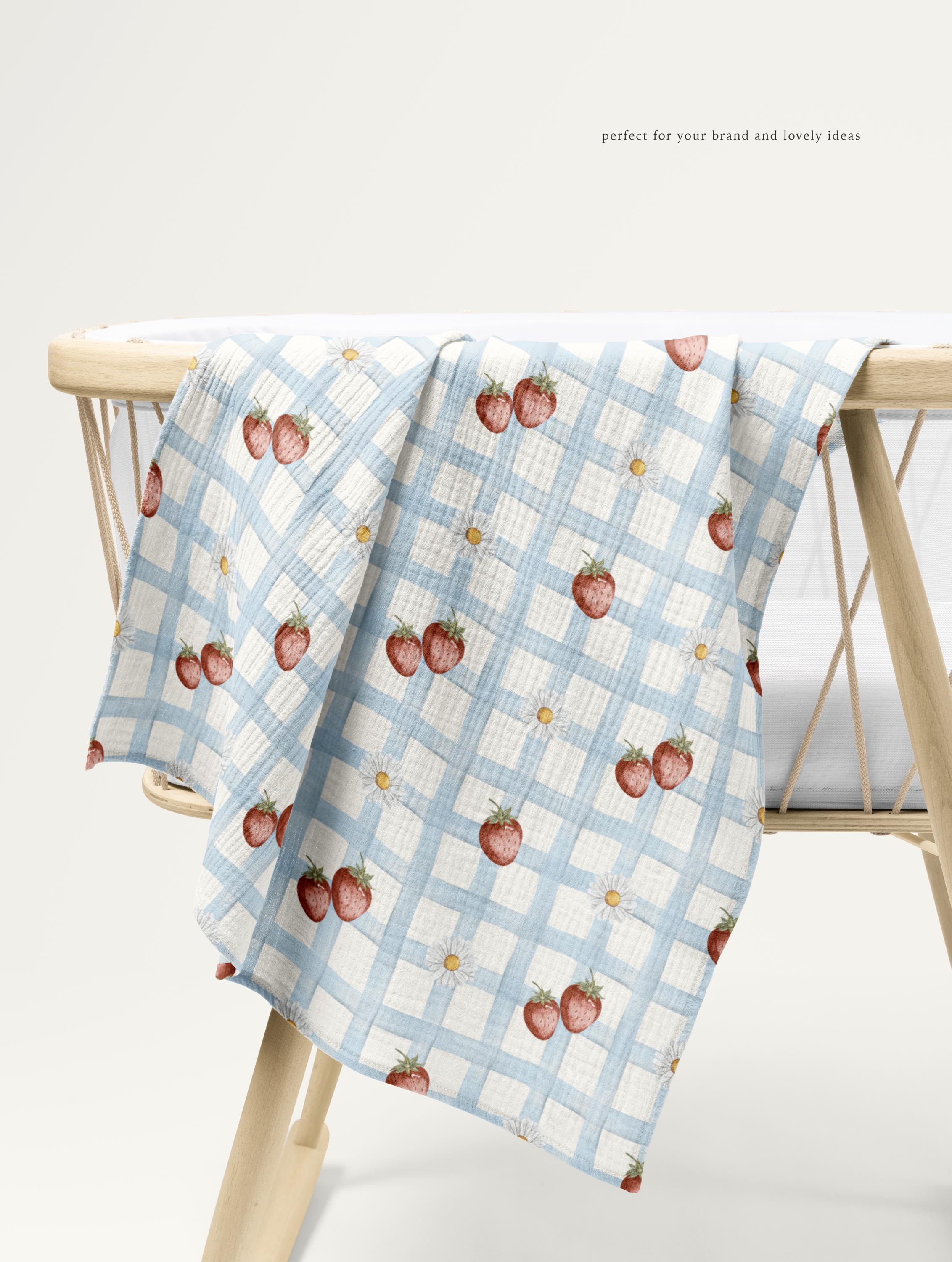 Strawberry Seamless Pattern: Watercolor Daisy Print, Blue Checkered ...