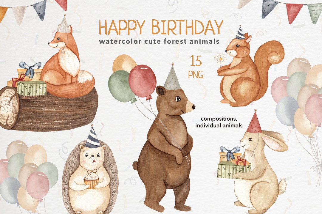 Happy Birthday Forest Animal Clipart, Watercolor Woodland, Kids Bear ...