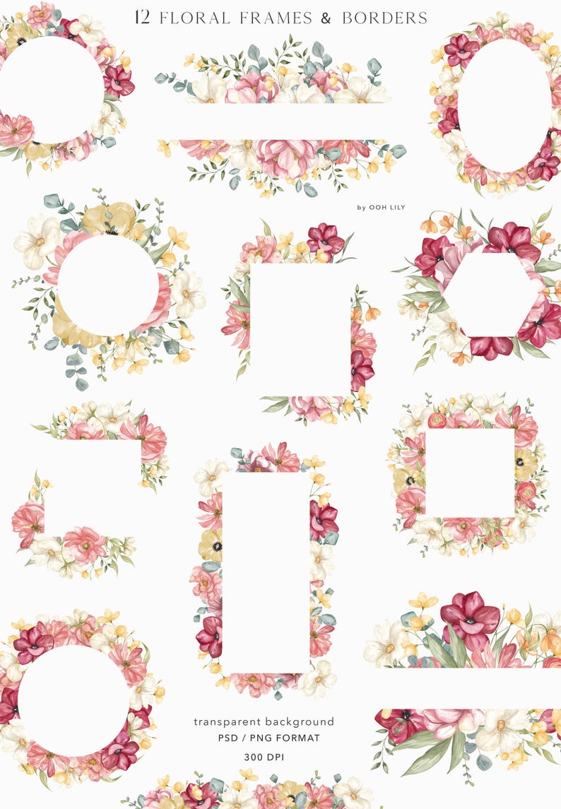 Watercolor Floral Frames Clipart: Spring Flower Borders (digital PNG ...