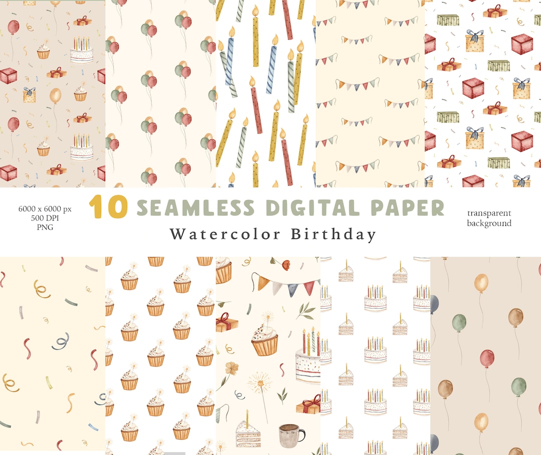 Watercolor Birthday Digital Paper Set: Seamless Party Clipart (digital ...