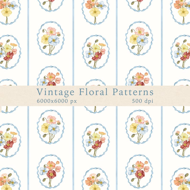 Vintage Watercolor Floral Pattern: Grandmillennial Blue Stripe Fabric ...