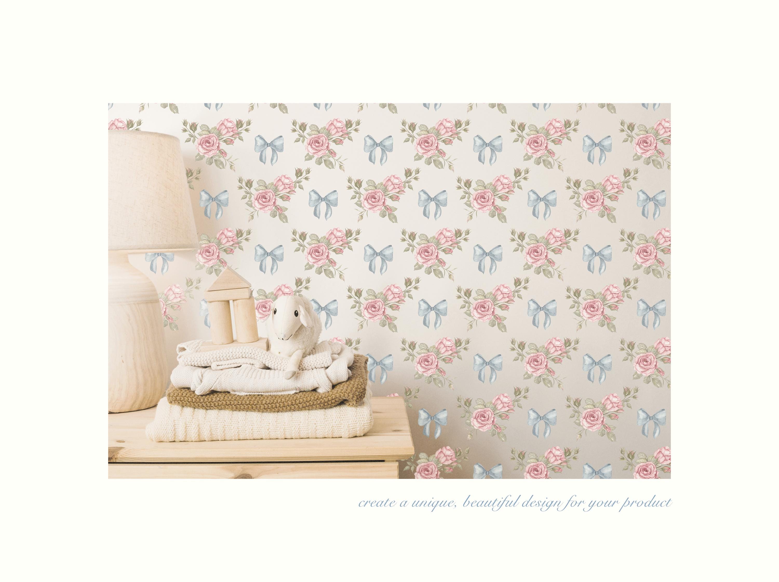 Watercolor Coquette Floral Seamless Pattern, Vintage Bows and Roses ...