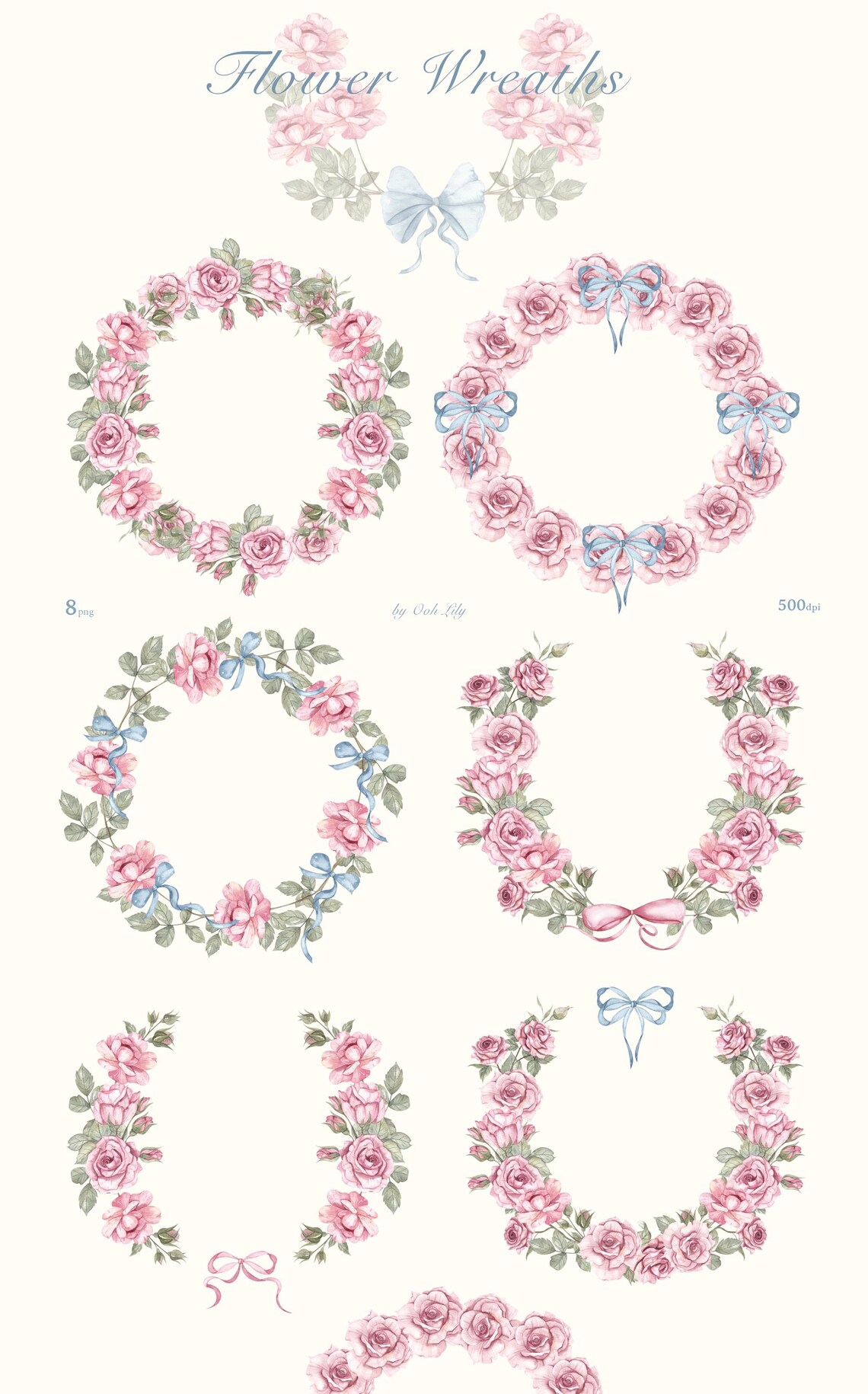 Watercolor Wreath Roses and Bows Wreath Clipart With Pink Flower Blush ...