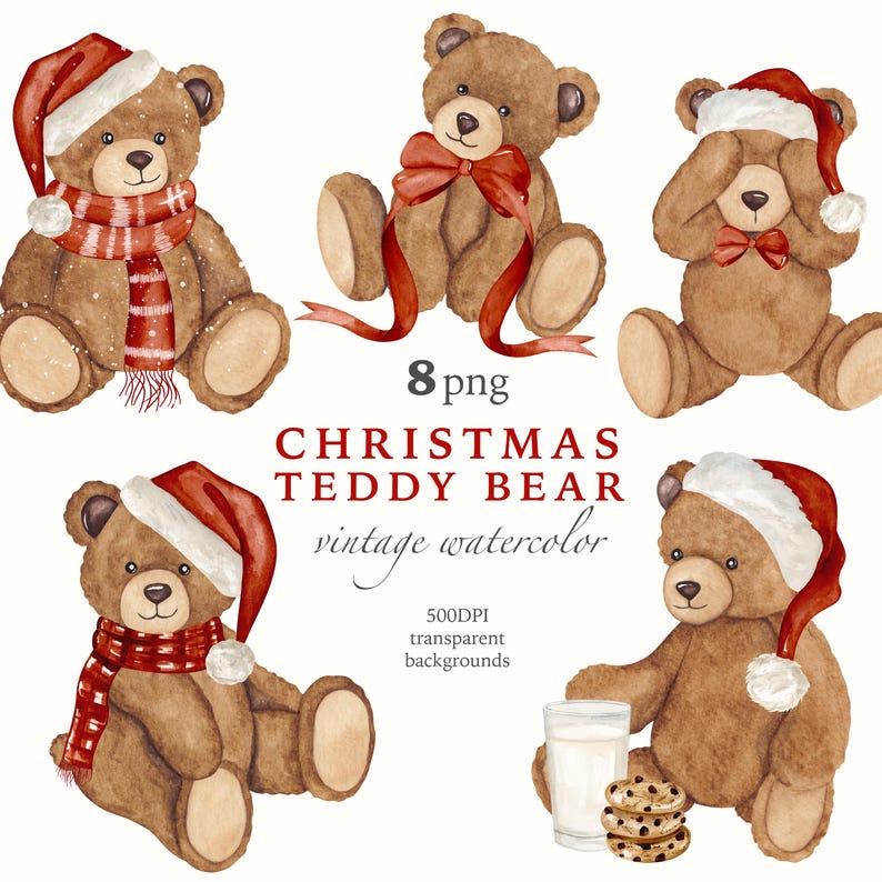 Christmas Teddy Bear Watercolor Clipart: Festive Holiday Illustration ...