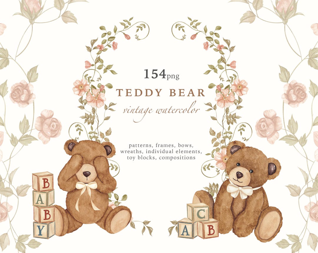 Watercolor Teddy Bear Clipart, Nursery Toy Alphabet, Vintage Seamless ...