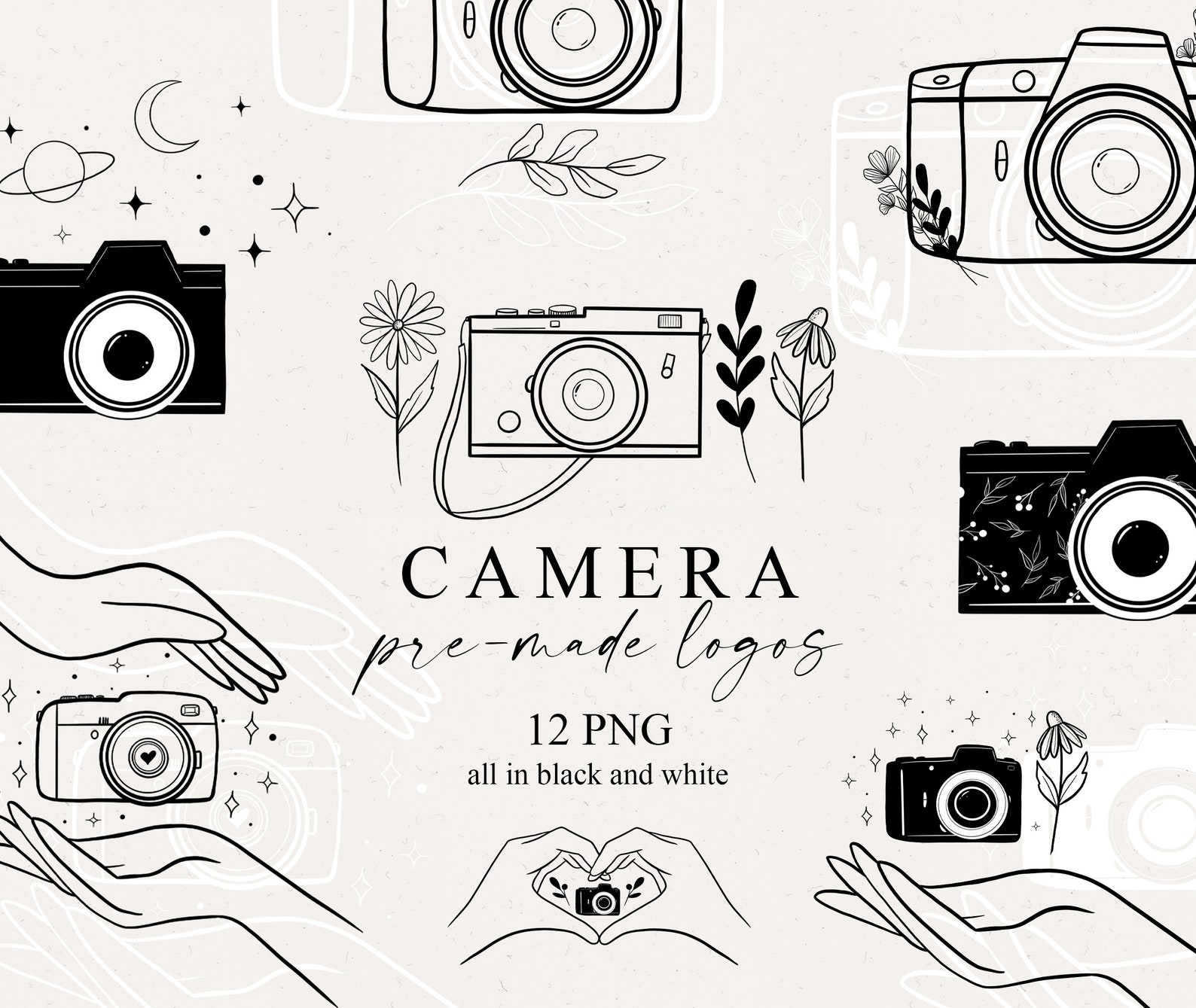 Camera Premade Logo Line Art Clipart Photography Logo Hand Flora Magic ...
