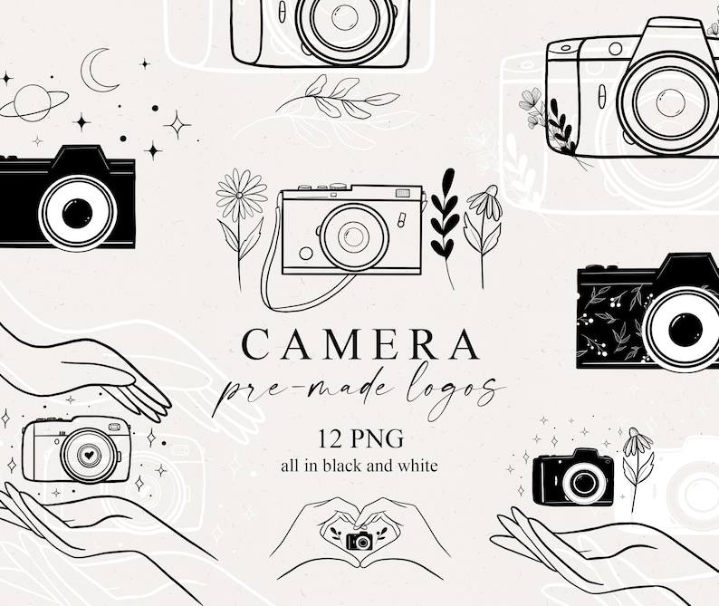 Camera Premade Logo Line Art Clipart Photography Logo Hand Flora Magic ...