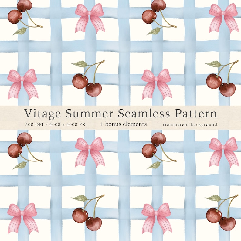 Cherry Gingham Seamless Pattern: Watercolor Coquette Print (PNG Digital ...