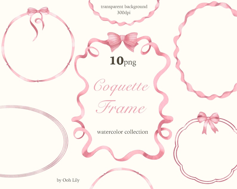 Coquette Bow Frame Clipart, Watercolor Pink Bow Frames, Vintage Ribbon ...