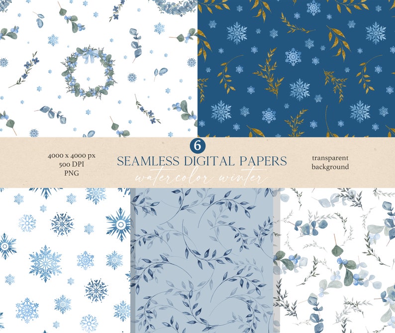 Winter Digital Paper Clipart, Watercolor Gold Blue Christmas, Floral ...