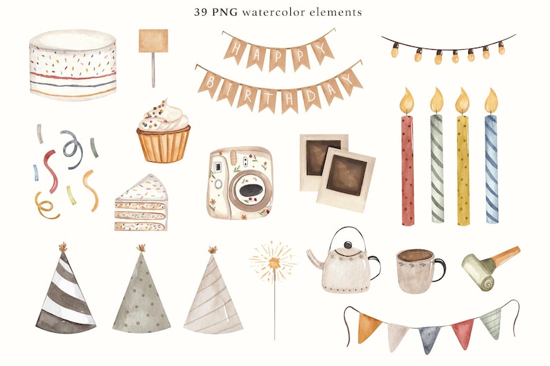 Watercolor Birthday Party Clipart Set: Cake, Balloons & Decorations ...