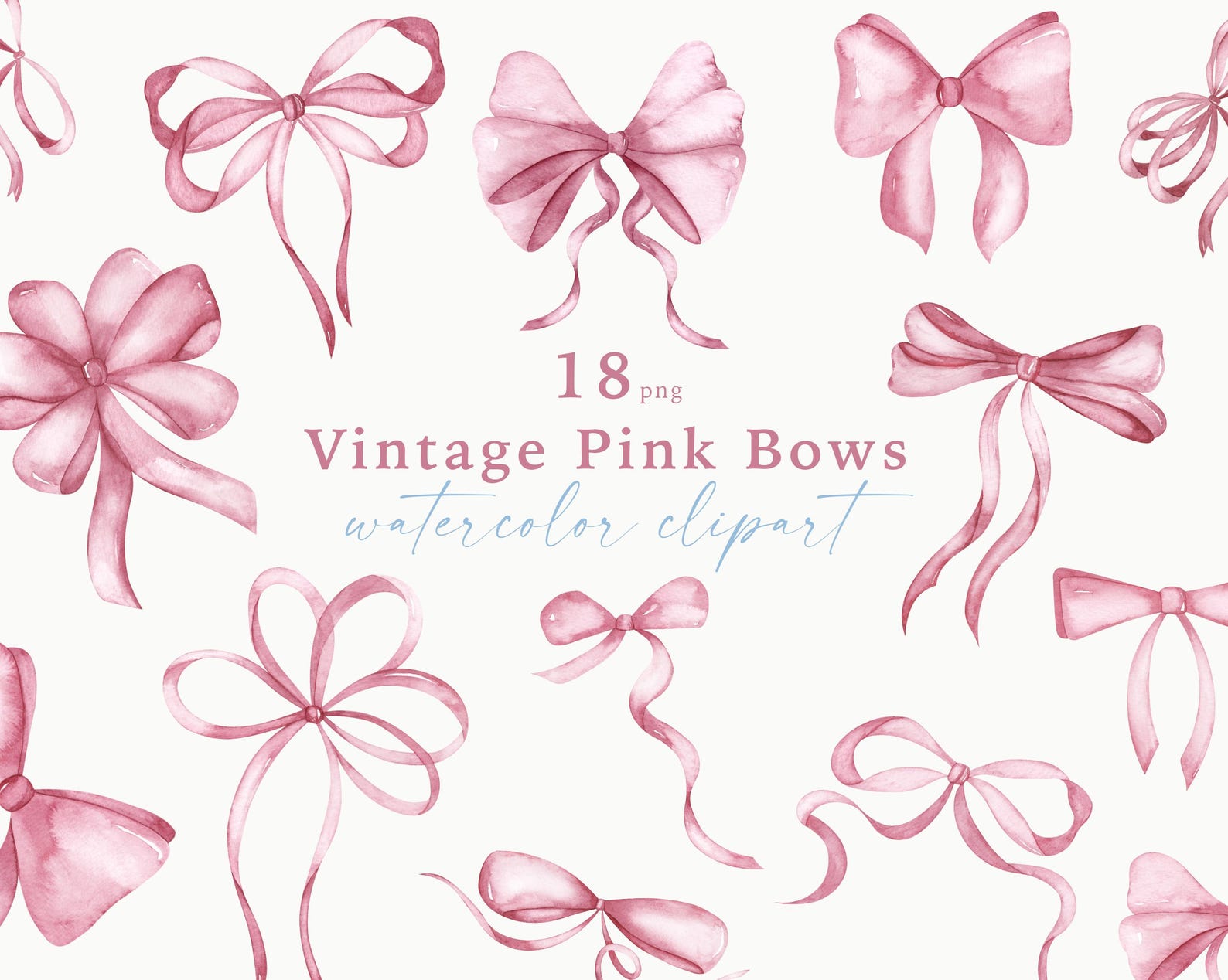 Vintage Pink Bows Clipart Watercolor Bows and Ribbons Collection Cute ...
