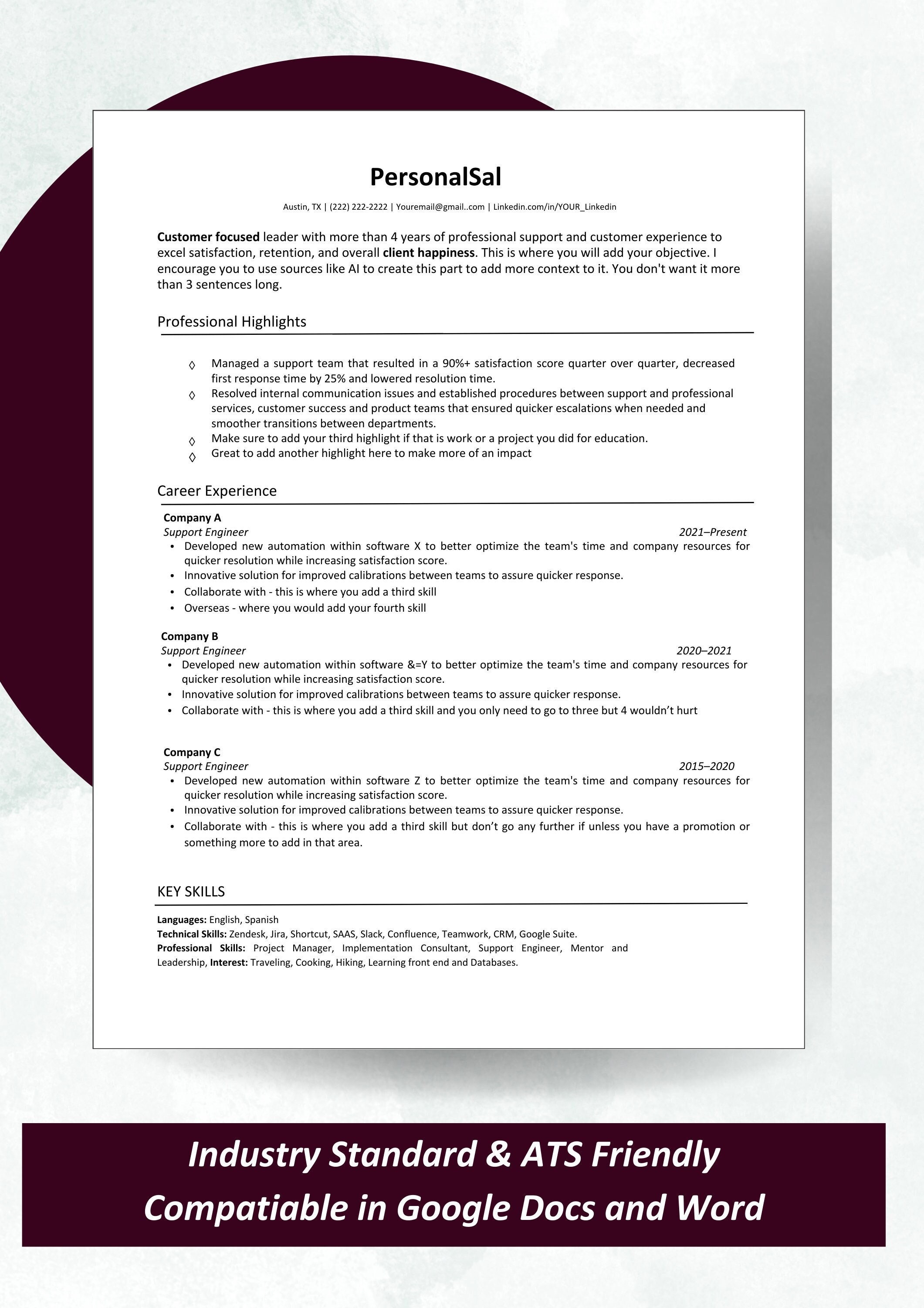 Professional Resume Template CV Letter With Matching Style Personal ...