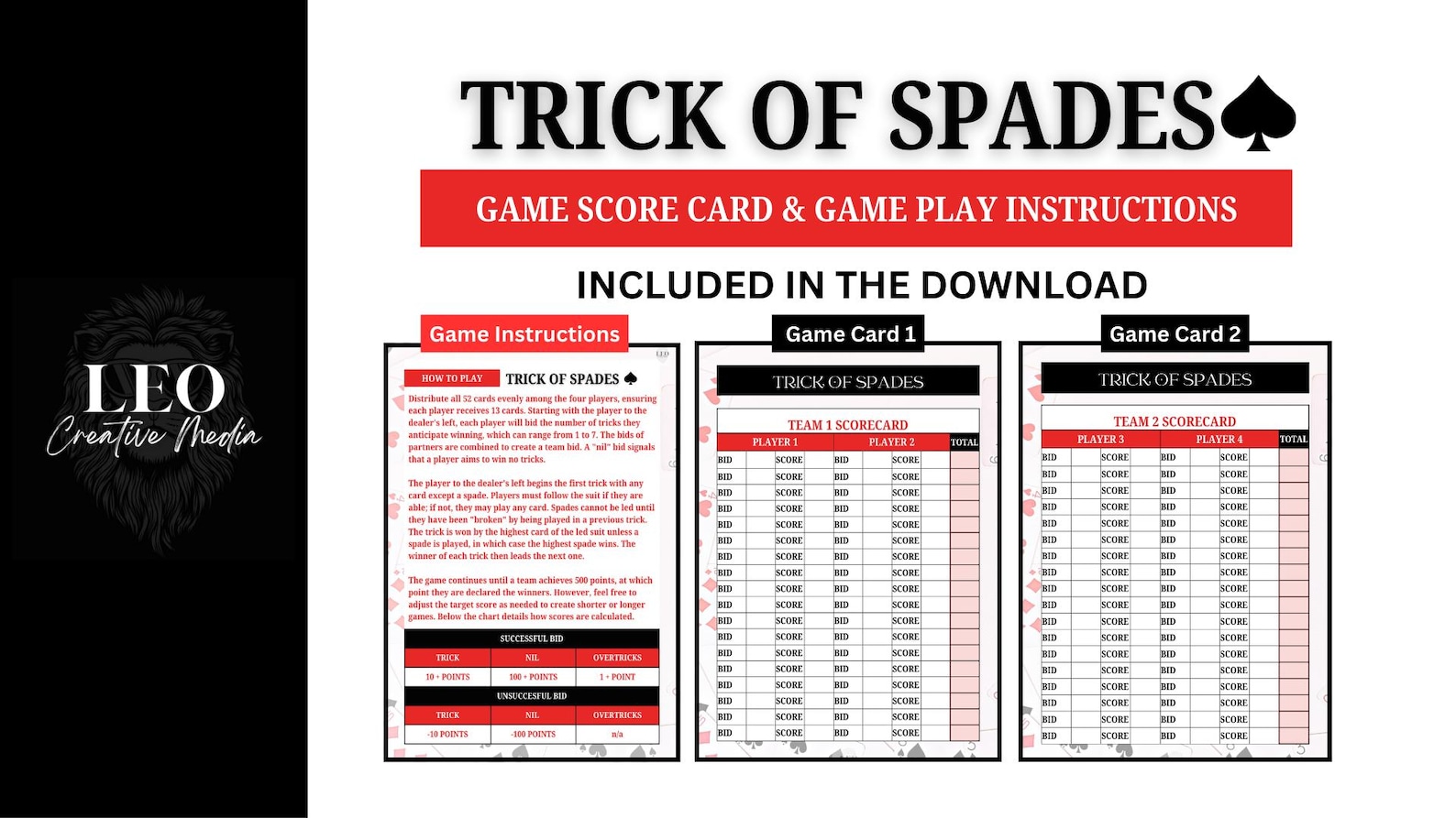 TRICK of SPADES (card Game) | Score Sheets and Game Play Instructions ...