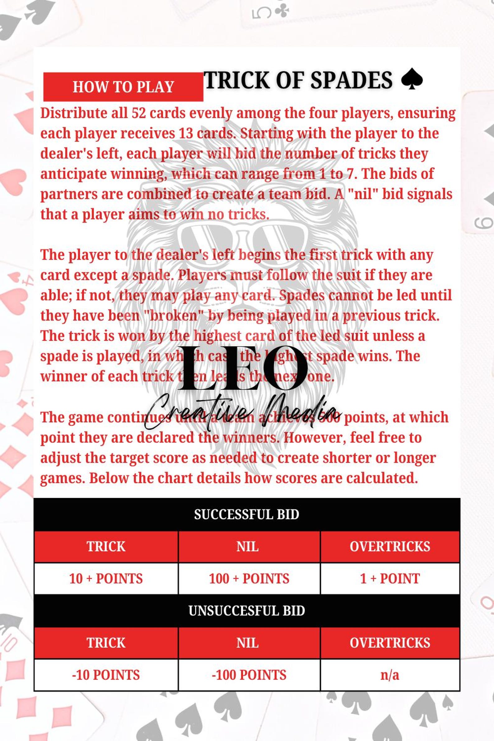 TRICK of SPADES (card Game) | Score Sheets and Game Play Instructions ...