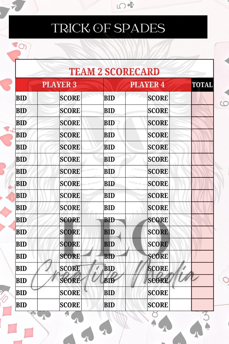 TRICK of SPADES (card Game) | Score Sheets and Game Play Instructions ...
