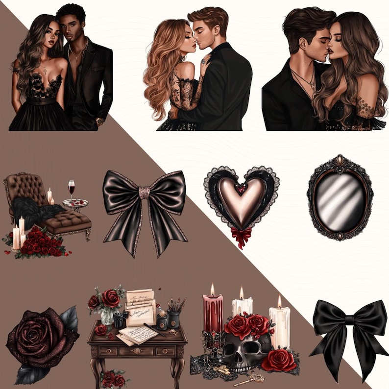 Dark Romance Clipart | Black & Red Roses Watercolor PNG - Etsy