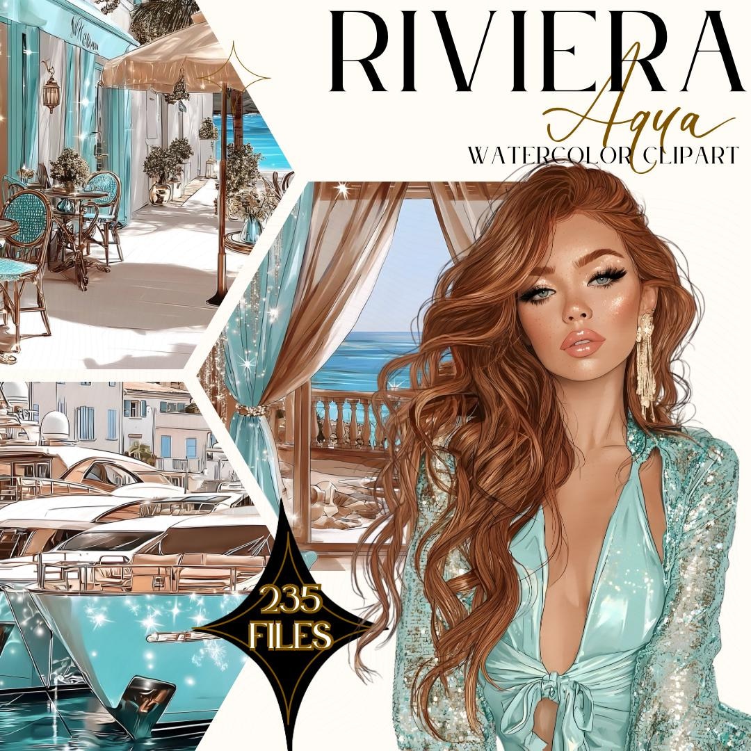 Riviera Watercolor Clipart | Aqua Fashion Girl, Saint Tropez (digital ...