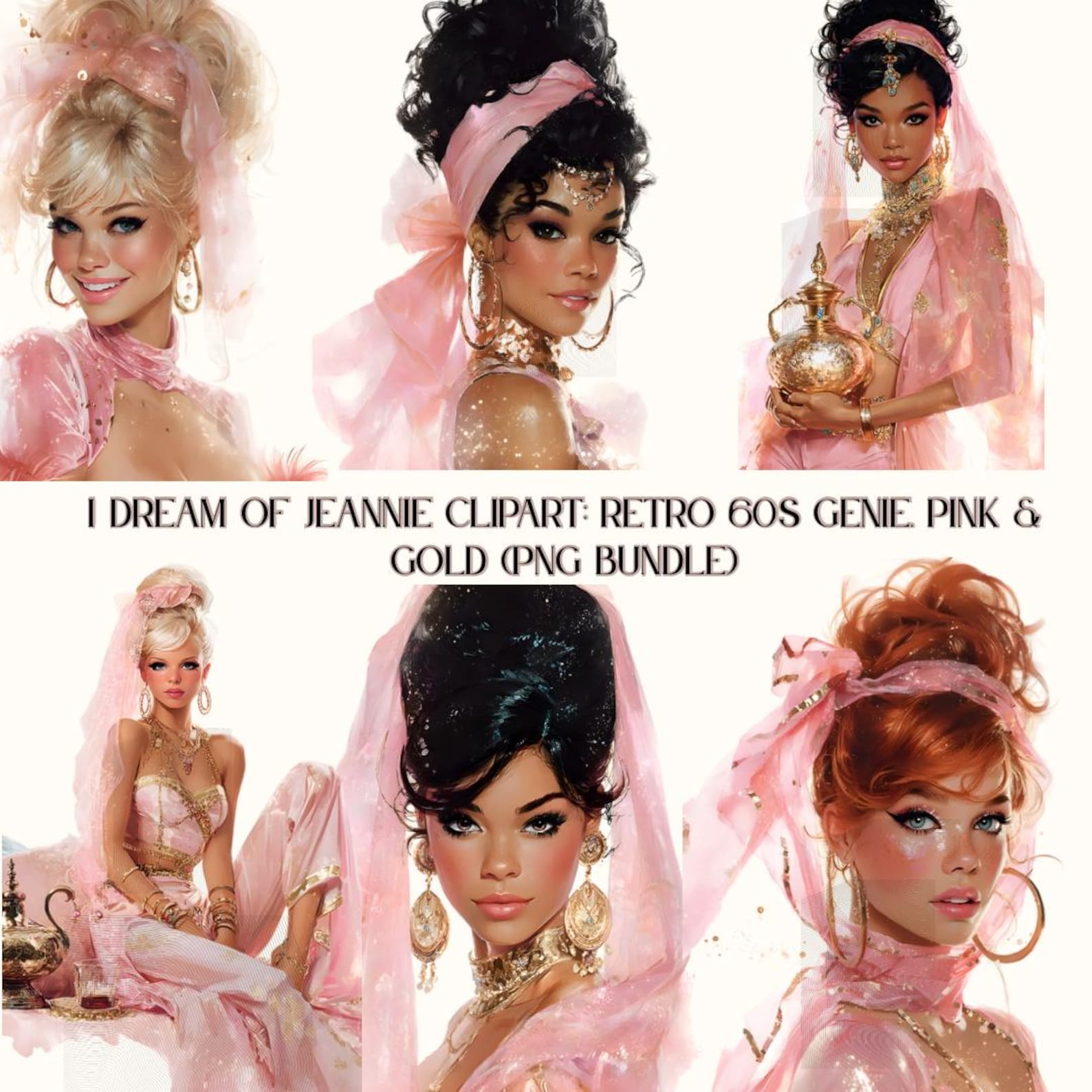 I Dream of Jeannie Clipart: Retro 60s Genie, Pink & Gold (PNG Bundle ...