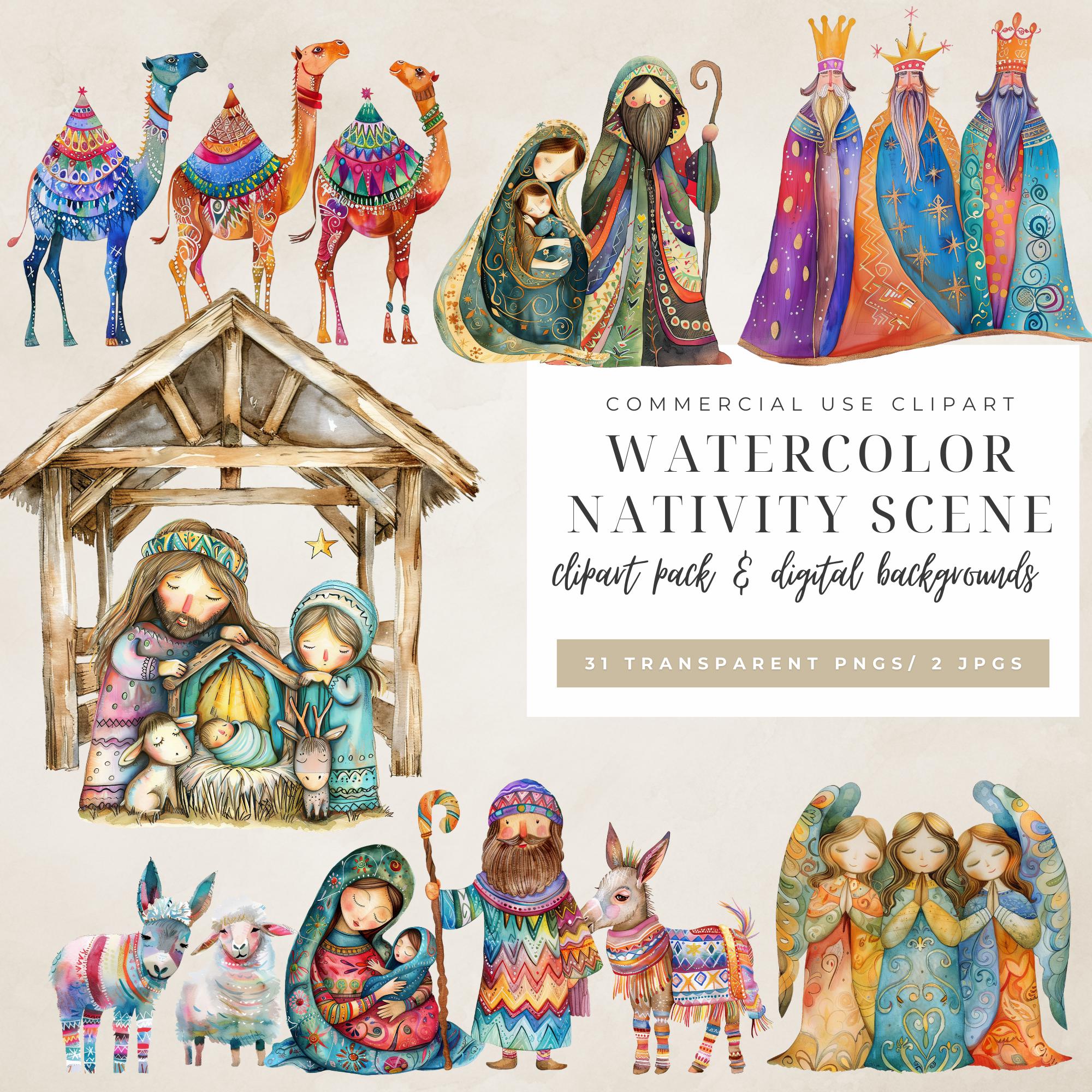 Watercolor Nativity Clipart PNG Bundle – Christmas Holy Family Scene ...