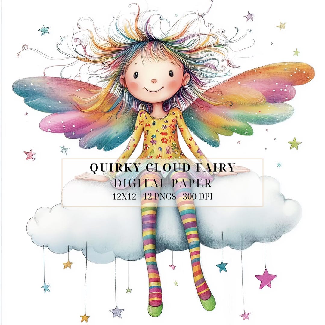 Quirky Fairy Girl Clipart: Whimsical Cloud Angels PNG for Junk Journals ...