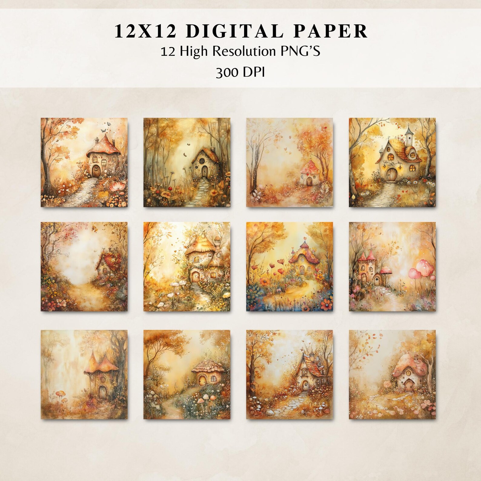 Autumn Fairy House Digital Paper | Watercolor Fairy Houses | Magical ...